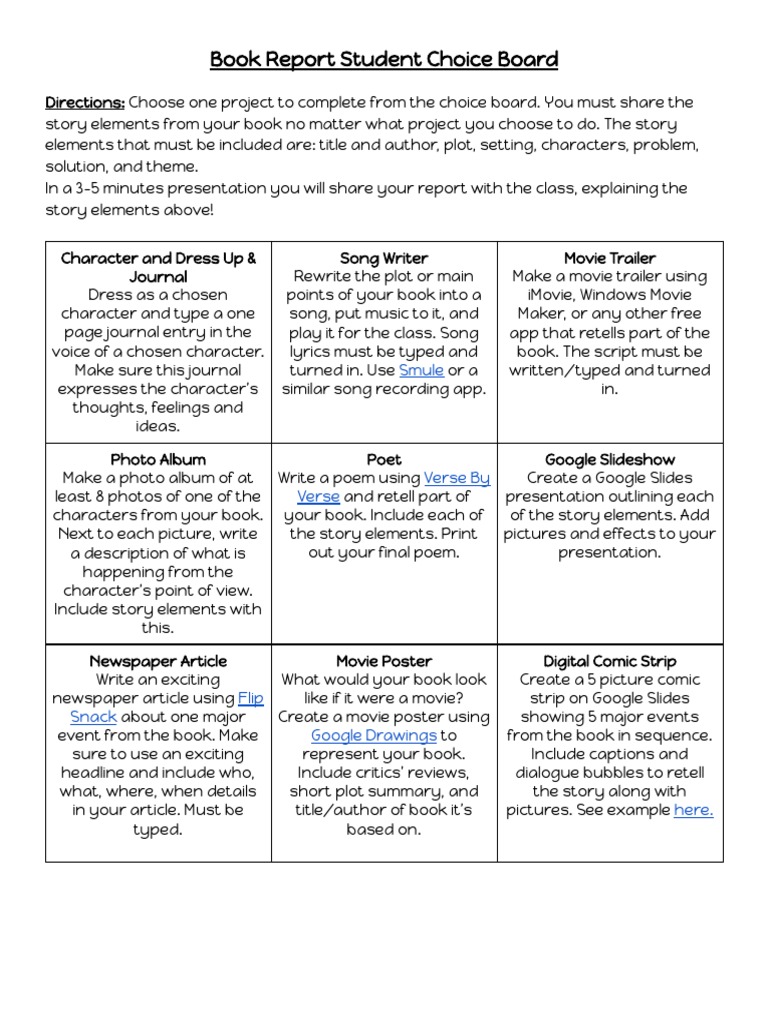 Book Report Choice Board 1 | PDF | Books | Poetry