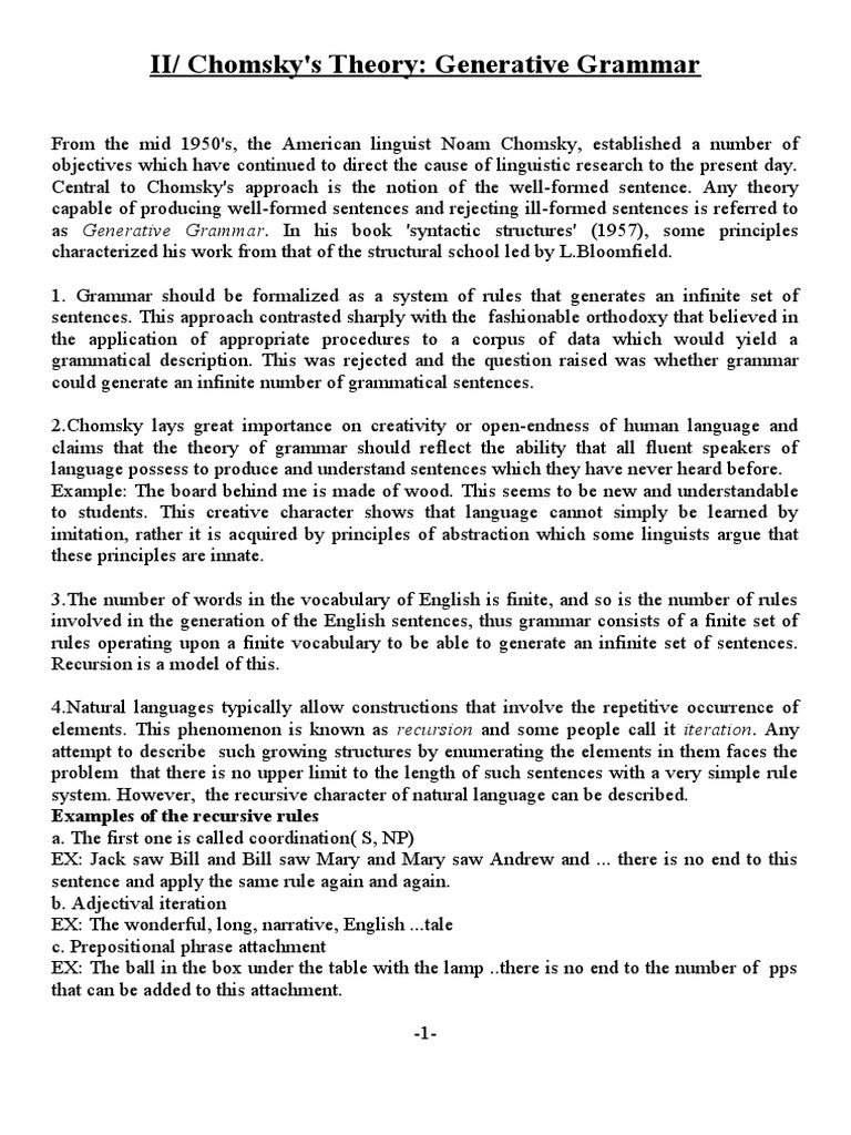 II/ Chomsky's Theory: Generative Grammar: Examples of The Recursive ...