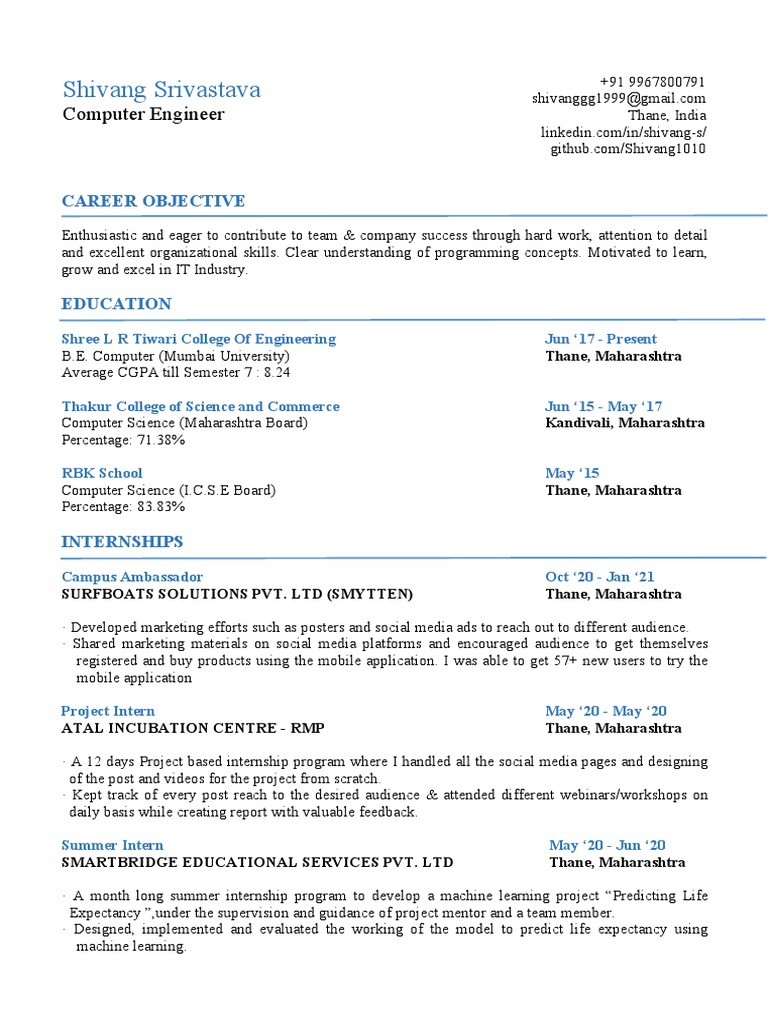 Shivang Srivastava Resume 2021 PDF | PDF | Java (Programming Language) | Popular Culture & Media ...