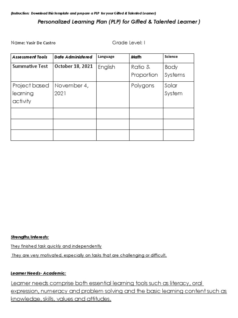 Personalized Learning Plan (PLP) For Gifted & Talented Learner) | PDF ...