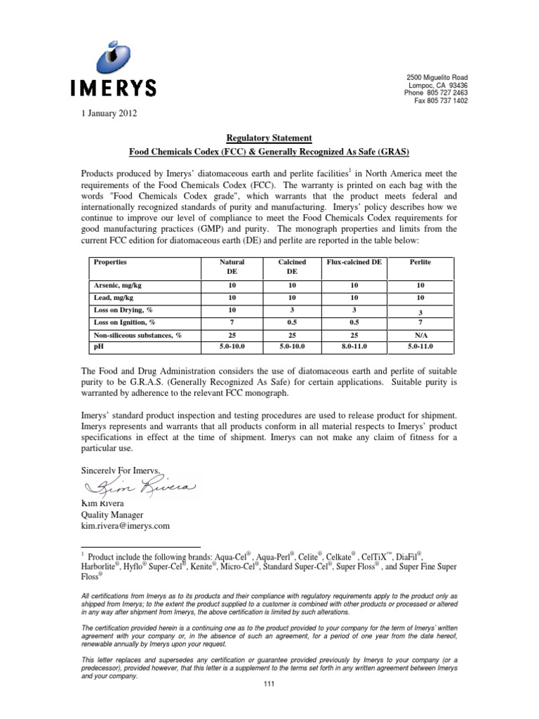 Regulatory Statement Food Chemicals Codex (FCC) & Generally Recognized ...