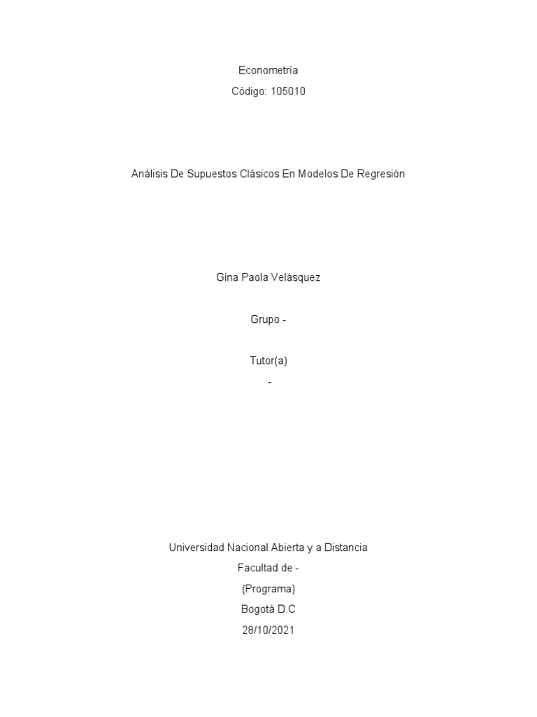 Gina Paola Velasquez II Econometria | PDF | Mínimos cuadrados ordinarios | Econometría