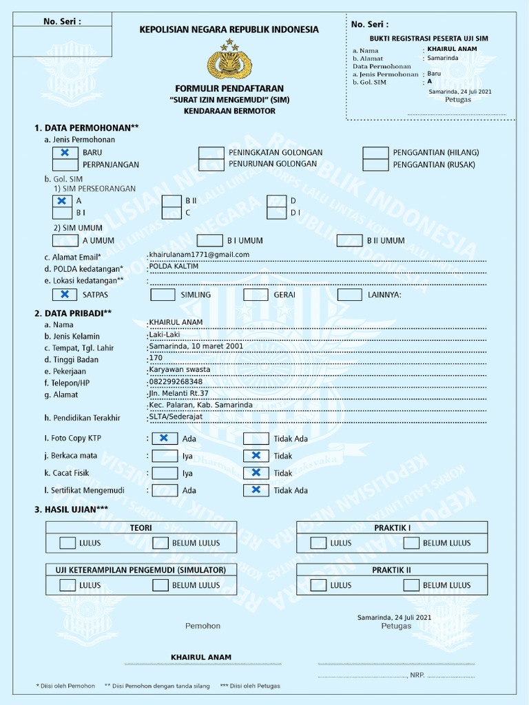 Formulir Pendaftaran SIM Online | PDF