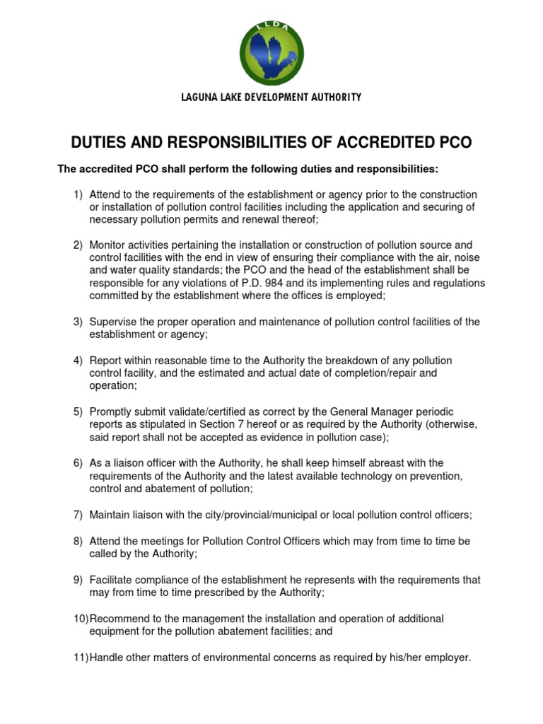 Duties of Accredited Pollution Control Officer | PDF