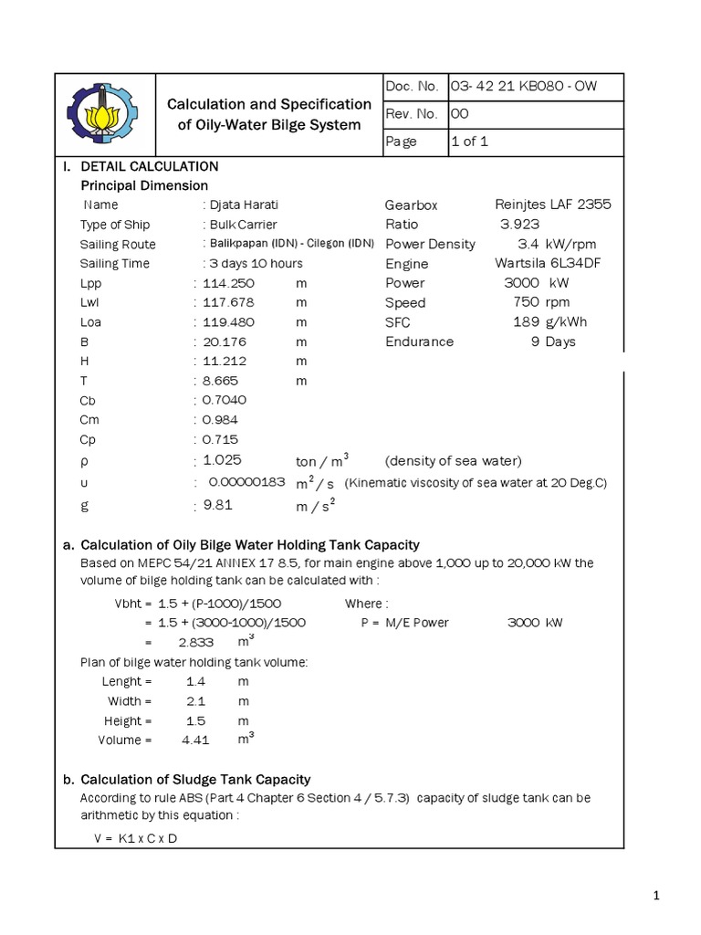 Calculation and Specification of Oily-Water Bilge System: Balikpapan (IDN) - Cilegon (IDN) | PDF ...