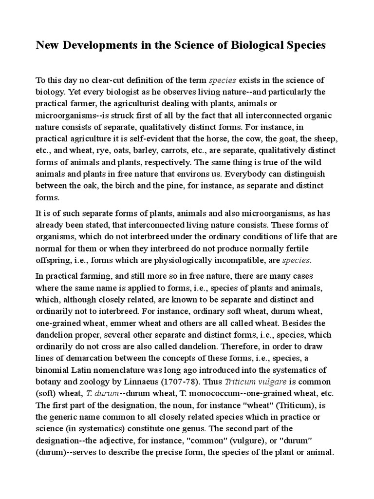 New Developments in The Science of Biological Species, T.D. Lysenko ...