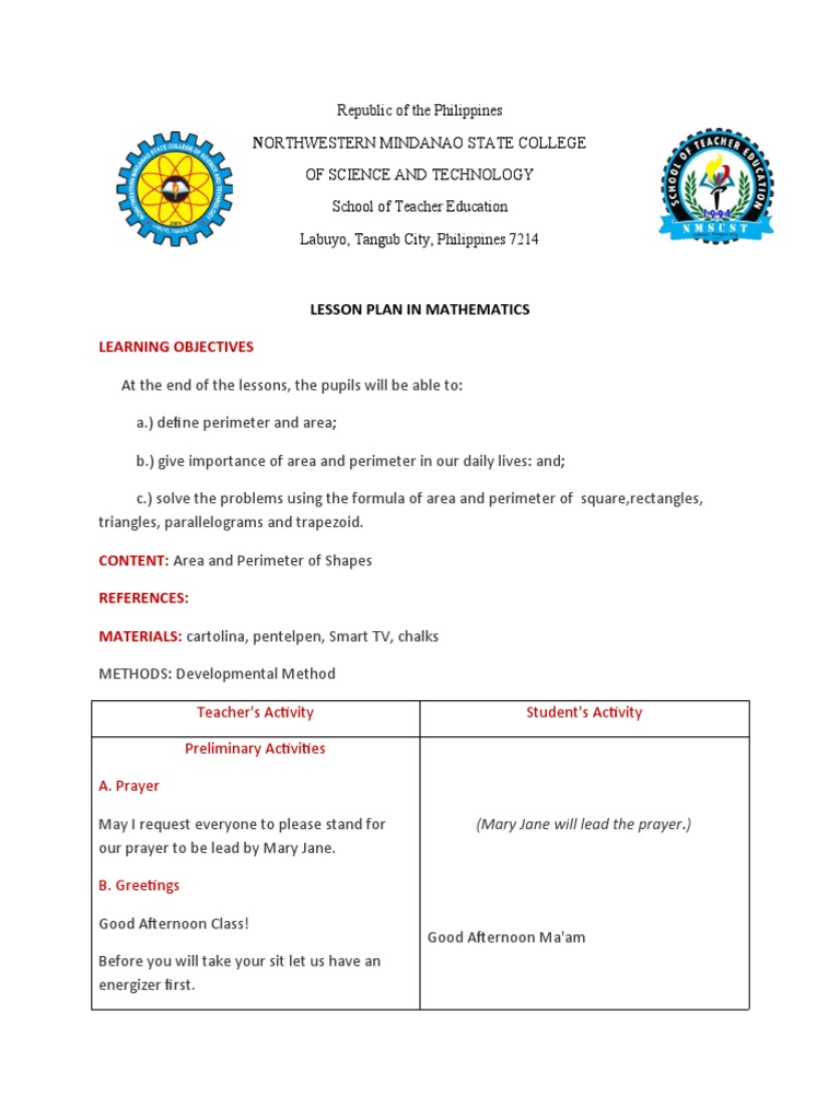 Lesson Plan in Mathematics | PDF | Area | Mathematics