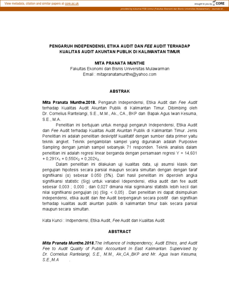 Pengaruh Independensi, Etika Audit Dan Fee Audit Terhadap Kualitas Audit Akuntan Publik Di ...