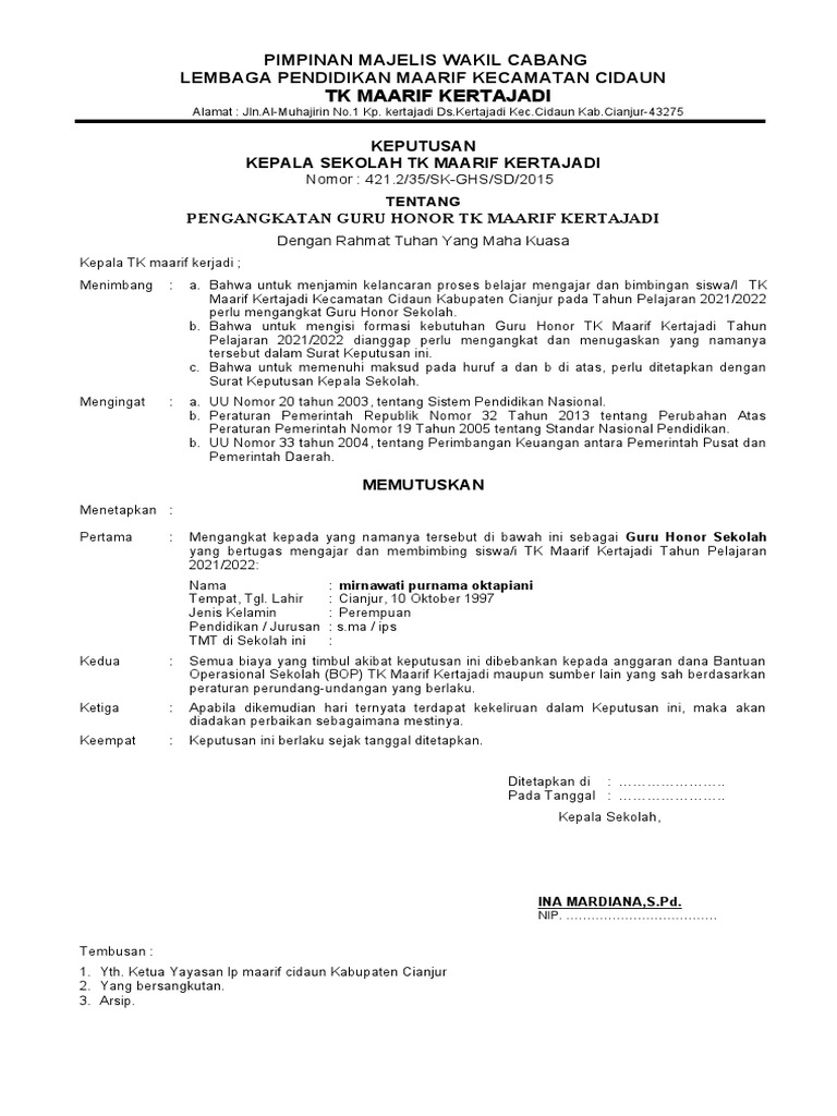 Contoh SK Guru Honor | PDF