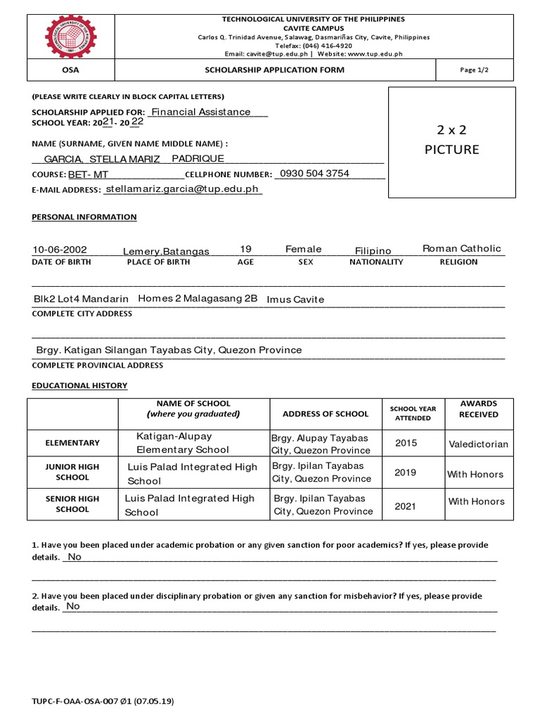 Tupc F Oaa Osa 07 Scholarhip Application Form 01 | PDF