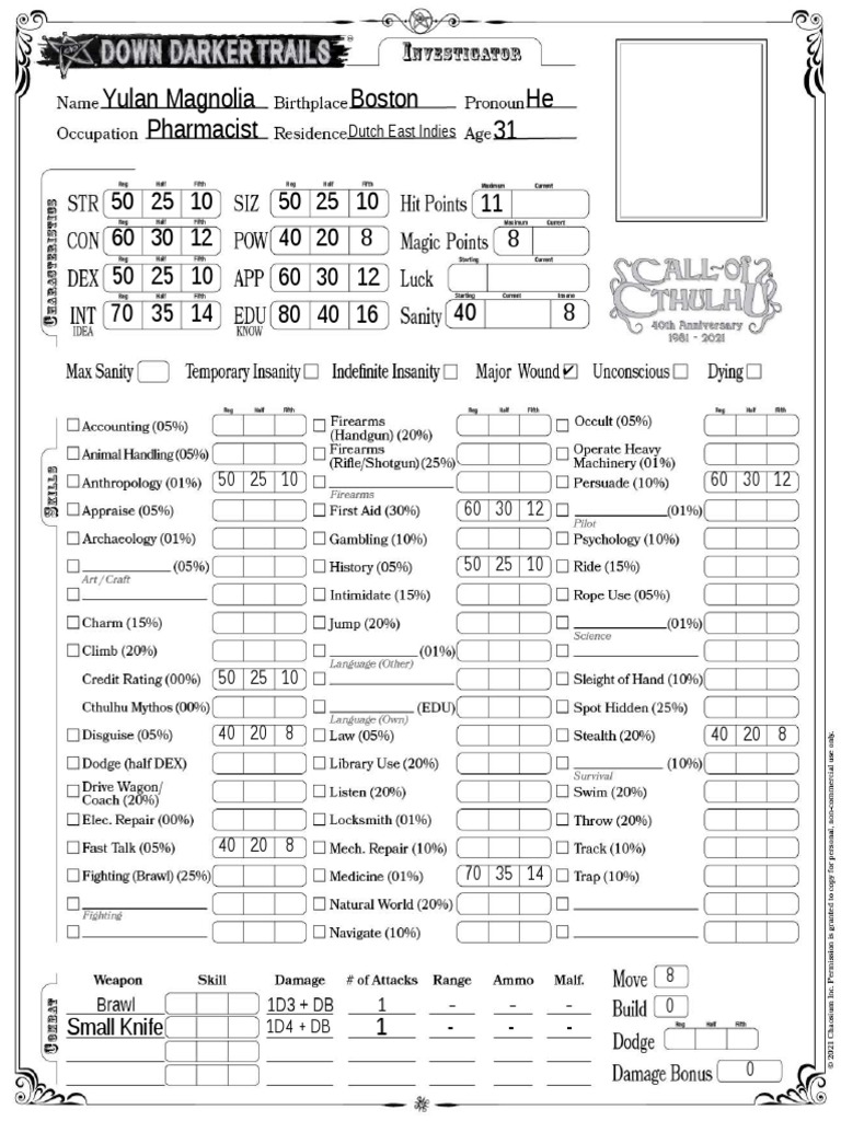CoC7 PC Sheet - Auto-Fill - DDT - Standard - Grayscale | PDF