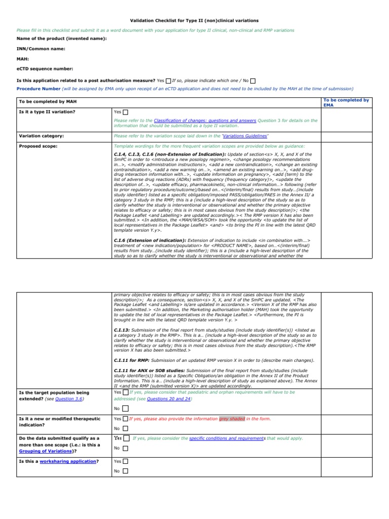 Validation Checklist Type II Non Clinical Variations en | PDF ...