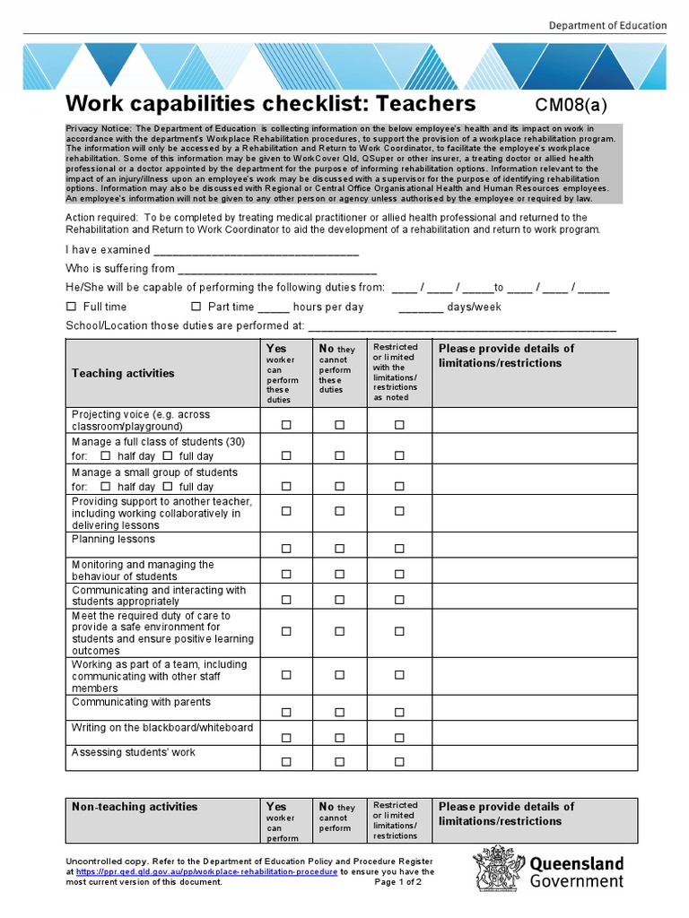 Work Capabilities Checklist: Teachers: Yes No Please Provide Details of ...