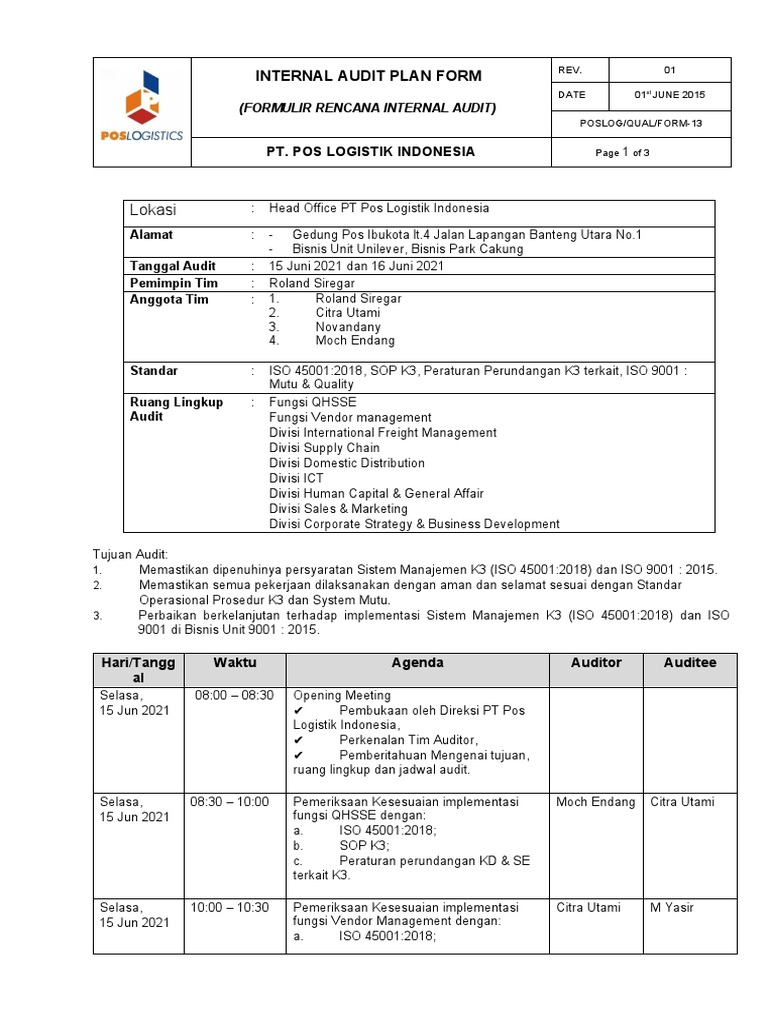 Audit Plan ISO 450001 | PDF