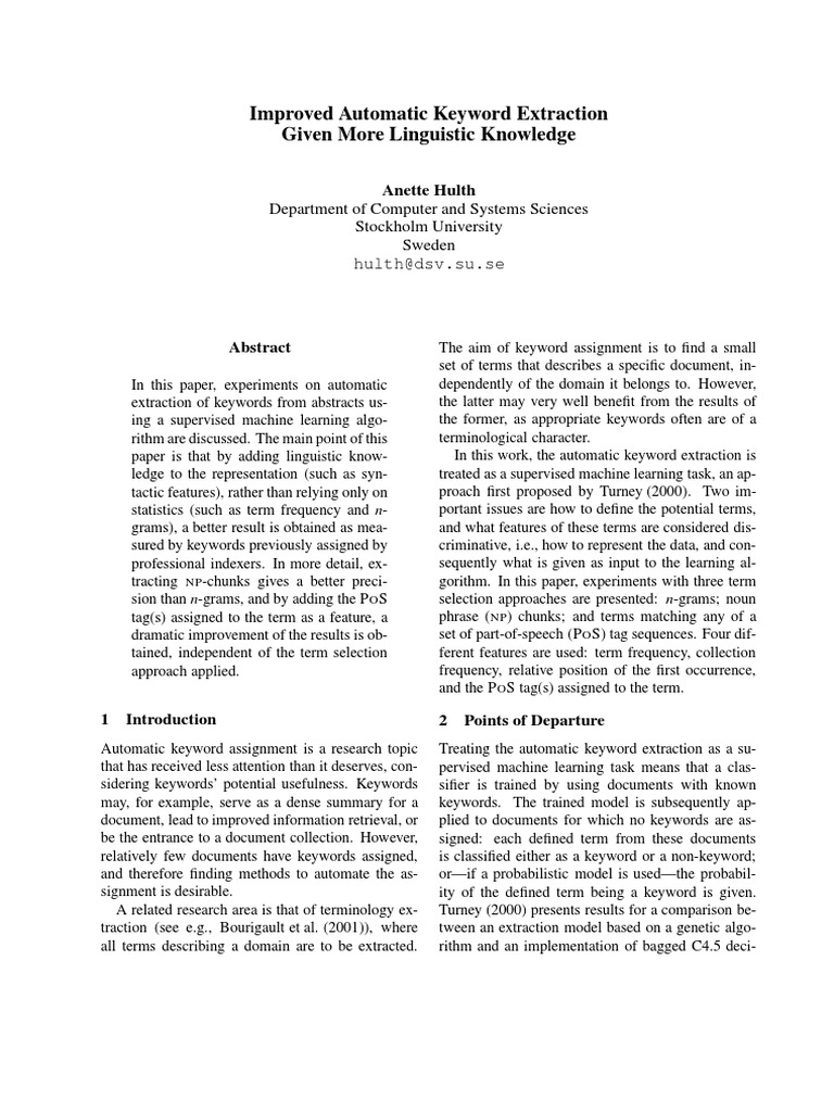 Improved Automatic Keyword Extraction Given More Linguistic Knowledge Pdf Machine Learning