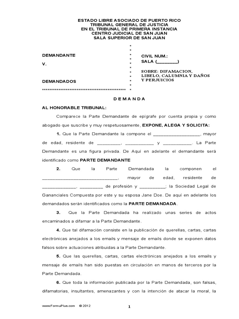 Modelo De Demanda Por Difamación Pdf Justicia Crimen Y Violencia