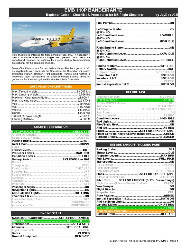 Emb 110P Bandeirante: Beginner Guide - Checklist & Procedures For Ms ...