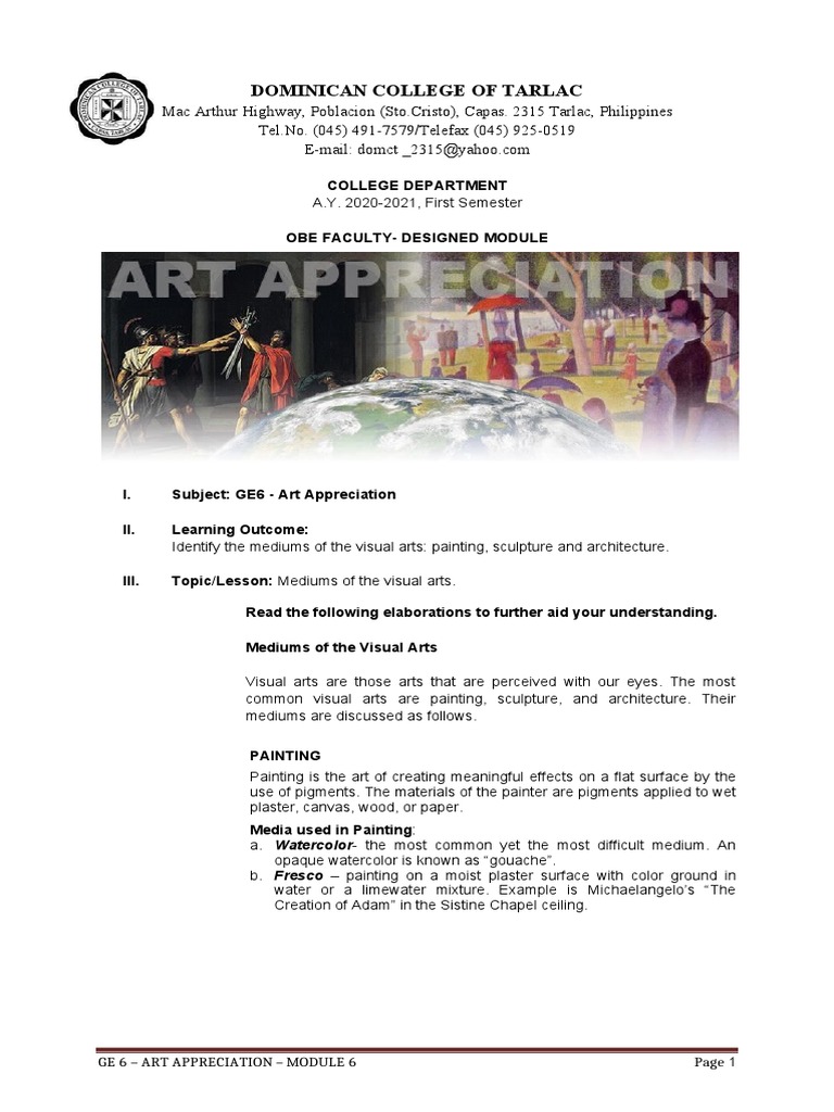 Art Appreciation: Visual Arts Mediums | PDF | Paintings | Paint
