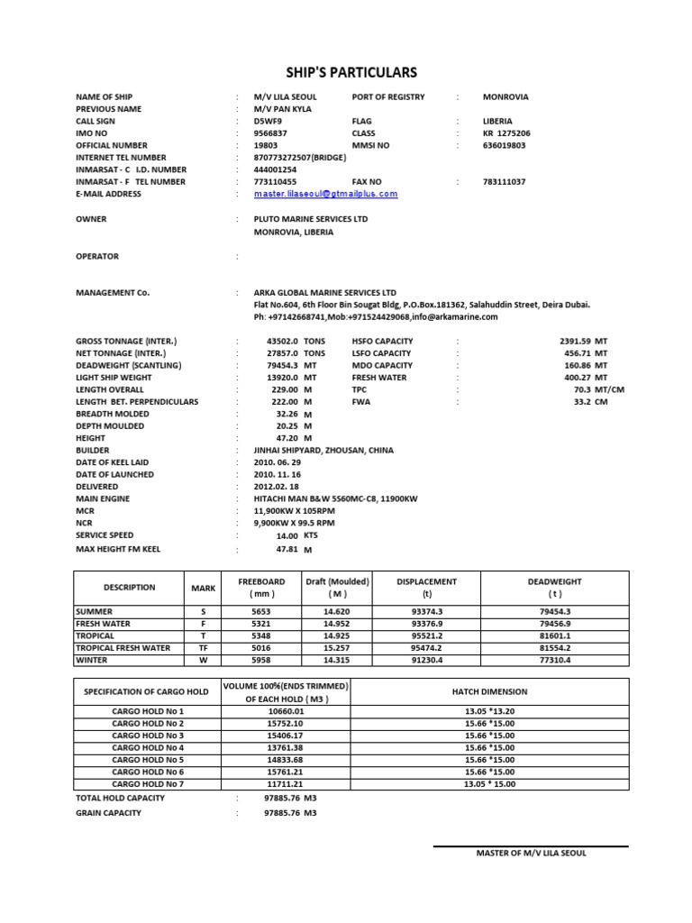 M/V Lila Seoul Ship Specifications | PDF | Tonnage | Ships