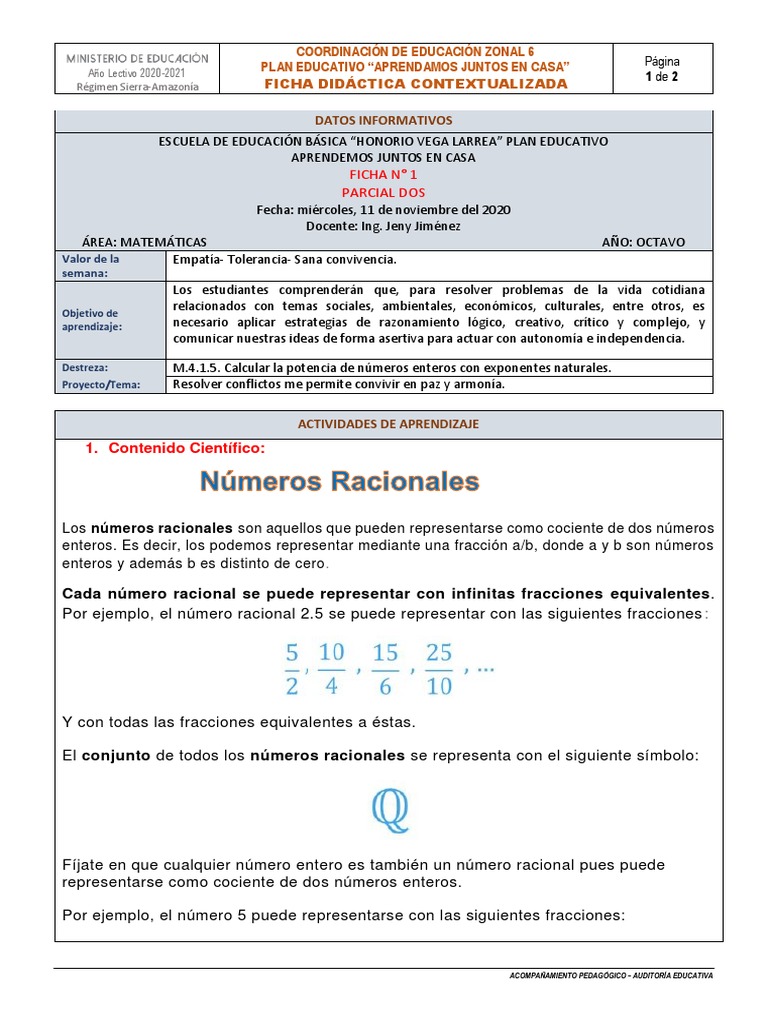 Ficha Uno Octavo | PDF | Número racional | Aprendizaje