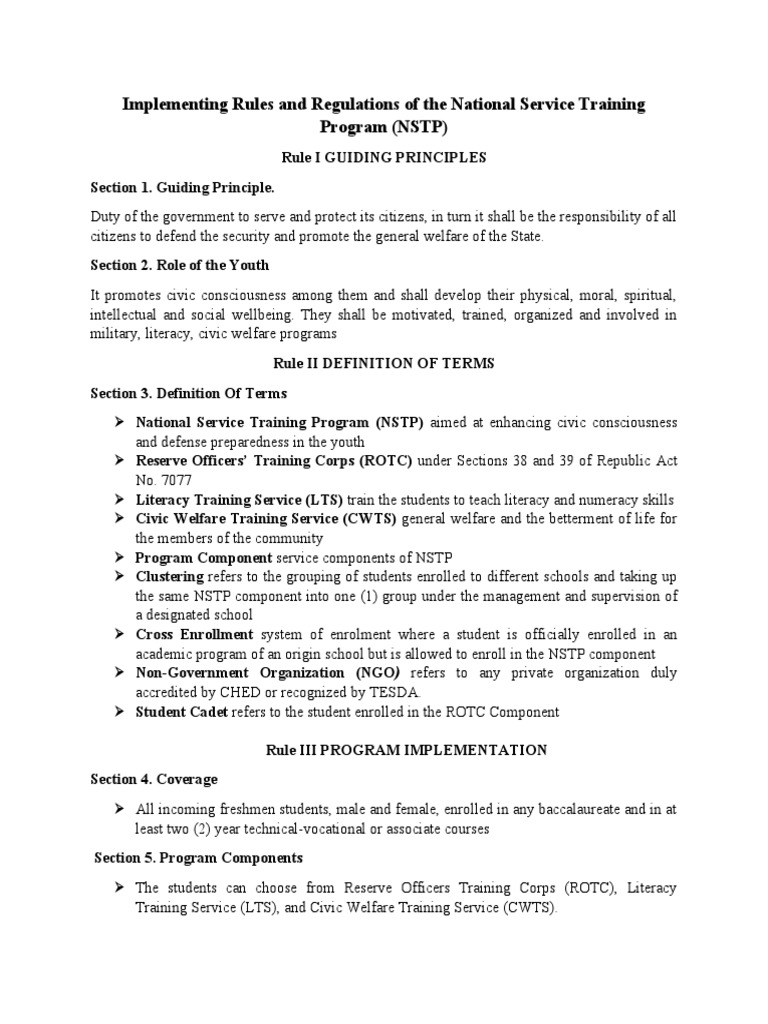 Implementing Rules and Regulations of NSTP | PDF | Reserve Officers ...