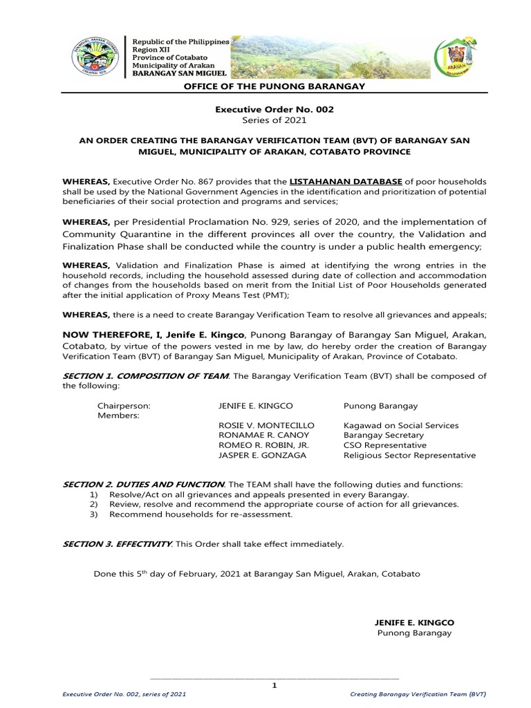 EO No. 2, Series of 2021, Barangay Verification Team | PDF | Executive ...