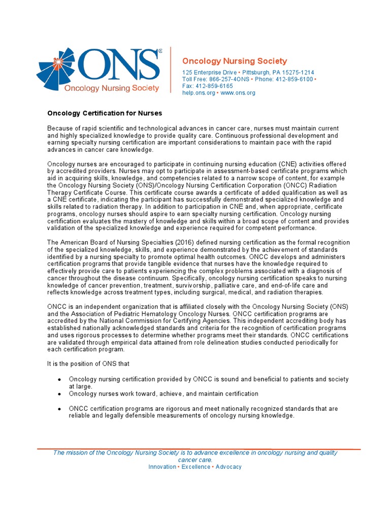 Oncology Nursing Society: Oncology Certification For Nurses | PDF ...