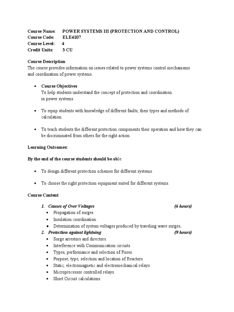 Course Outline For Power System Protection | PDF | Relay | Power (Physics)