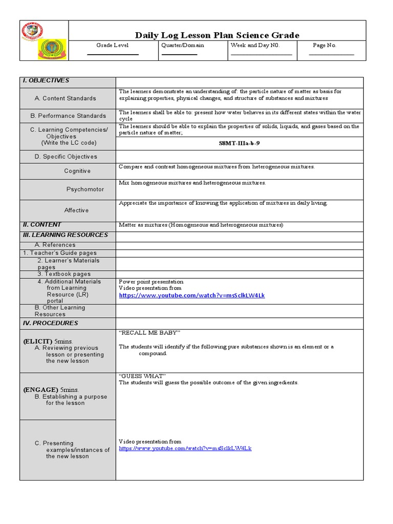 Daily Log Lesson Plan Science Grade: I. Objectives | PDF | Mixture ...