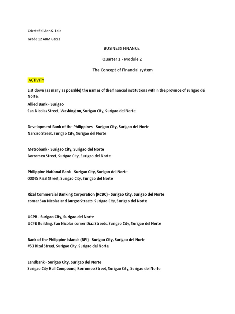 Business Finance Quarter 1 - Module 2 The Concept of Financial System | PDF