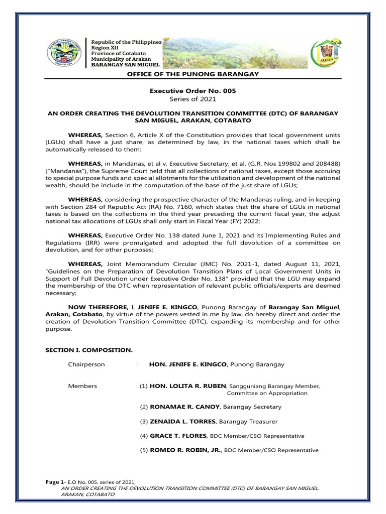 EO No. 5, Series of 2021, DTC Creation (Mandanas Ruling) | PDF ...