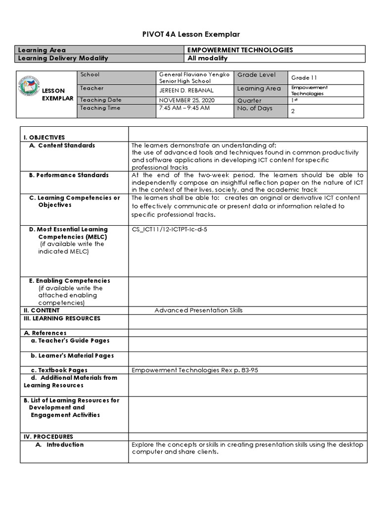 PIVOT 4A Lesson Exemplar: Learning Area Empowerment Technologies ...