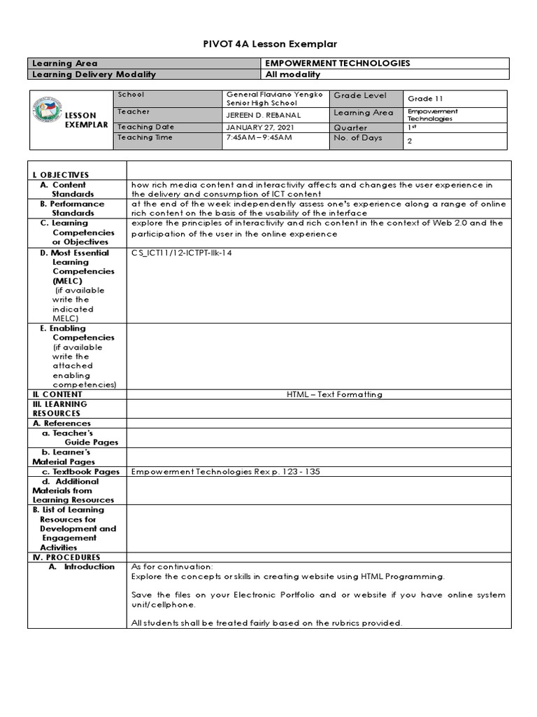 PIVOT 4A Lesson Exemplar: Learning Area Empowerment Technologies ...