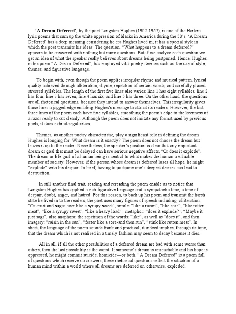 A Dream Deferred Essay | PDF | Poetry