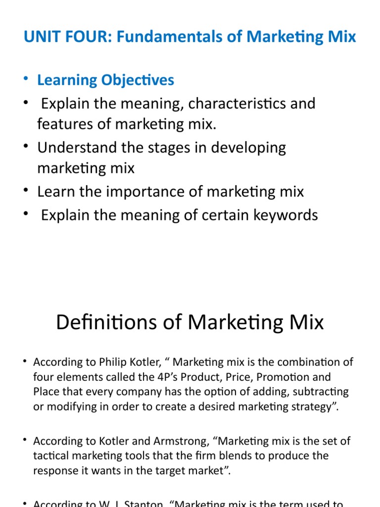 UNIT FOUR: Fundamentals of Marketing Mix: - Learning Objectives | PDF ...