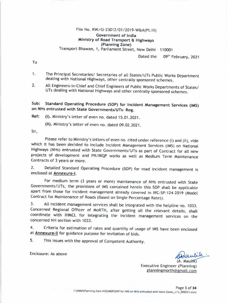 SOP For IMS On NHs Entrusted With State Govts - UTs - 090221 | PDF ...