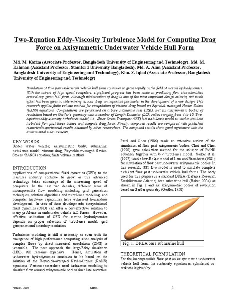 Two-Equation Eddy-Viscosity Turbulence Model For Computing Drag Force ...