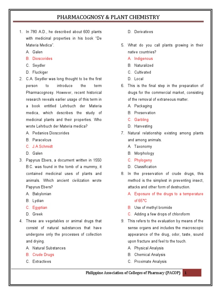 Pharmacognosy Answer Key-PINK PACOP | PDF | Pyruvic Acid | Glycolysis