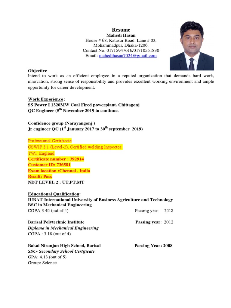 Resume: Professional Certificate CSWIP 3.1 (Level-2), Certified Welding ...