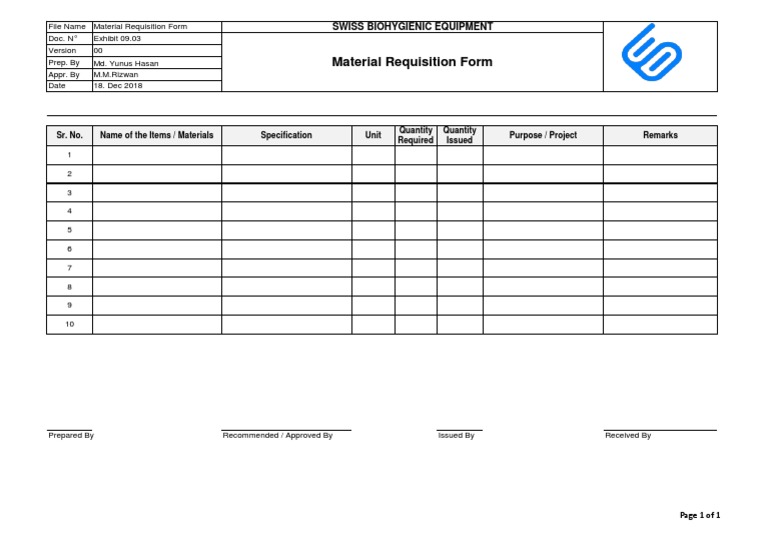 Exhibit 09.03 - Material Requisition Form | PDF