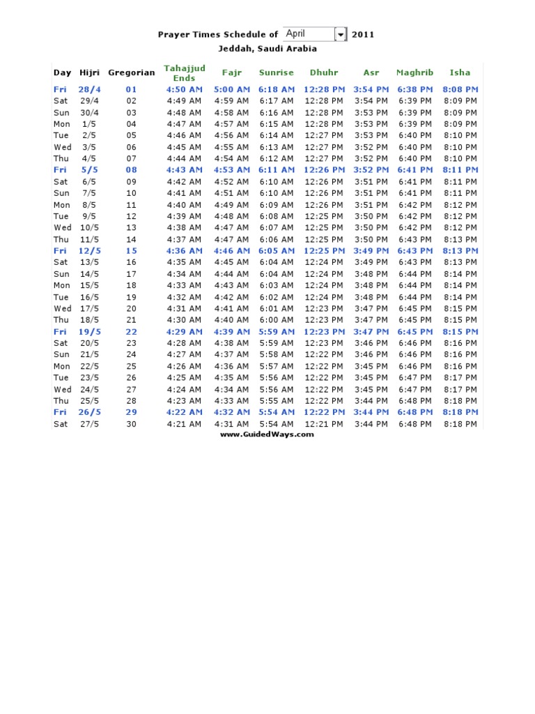 Jeddah Prayer Times for April 2011 | PDF | Islamic Fundamentalism ...