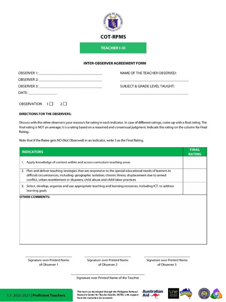 COT-RPMS Inter-Observer Agreement Form For T I-III. | PDF