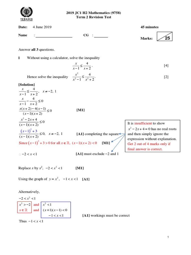 2019 JC1 H2 Math Term 2 Revision Test (Marking Scheme) Q2 Updated | PDF ...