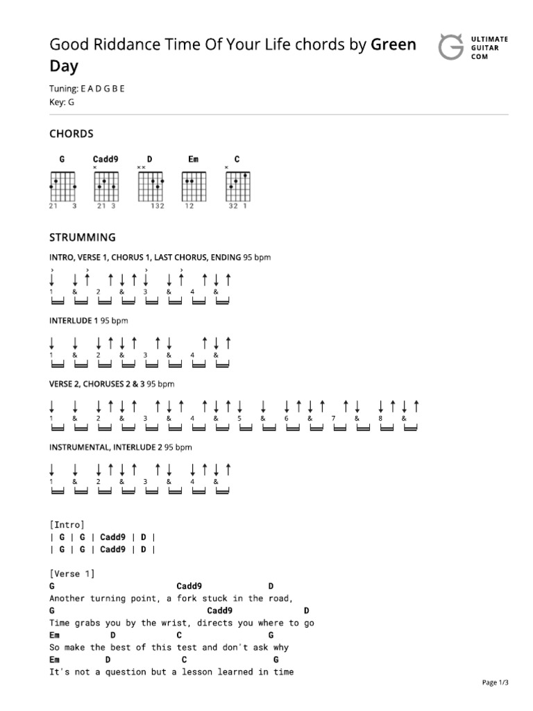 Good Riddance Time of Your Life Chords by Green Daytabs at Ultimate ...
