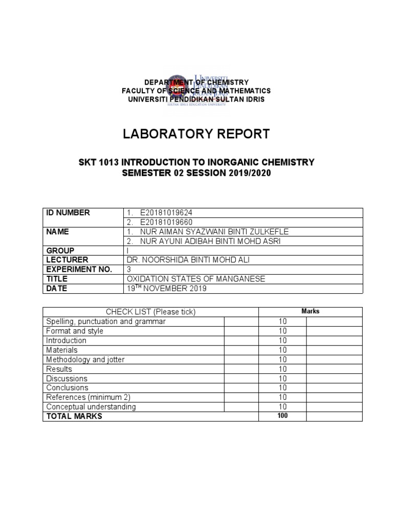 Lab Report Upsi SKT1013 Diploma Science Experiment 3 | PDF | Chemistry ...