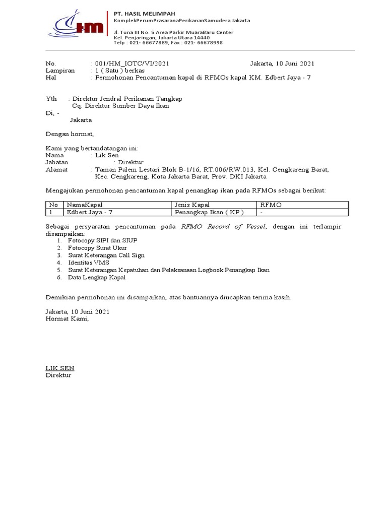 RFMOs - Permohonan Keanggotaan RFMOs KM. EDBERT JAYA 7 | PDF