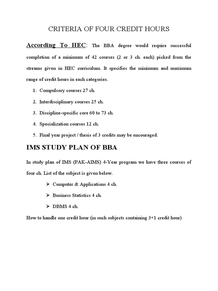 Criteria of Four Credit Hours:: According To HEC | PDF