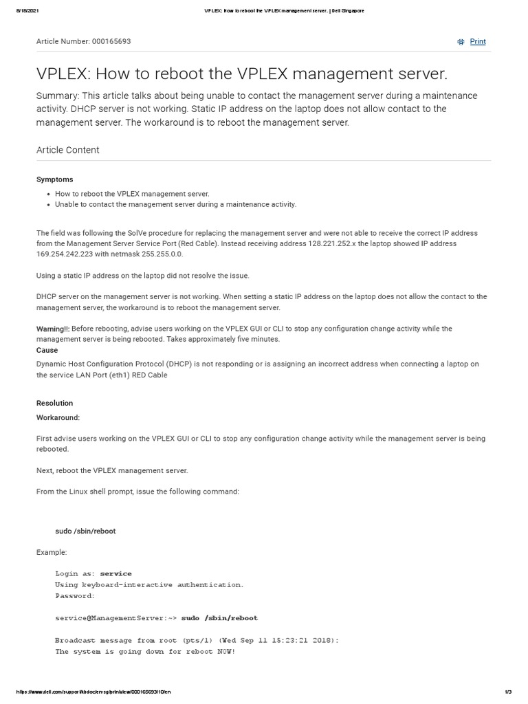 VPLEX - How To Reboot The VPLEX Management Server. - Dell Singapore ...