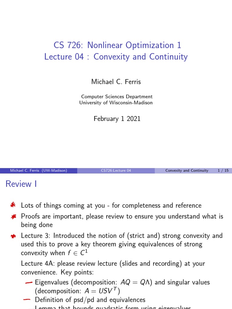 CS 726: Nonlinear Optimization 1 Lecture 04: Convexity and Continuity | PDF | Continuous ...
