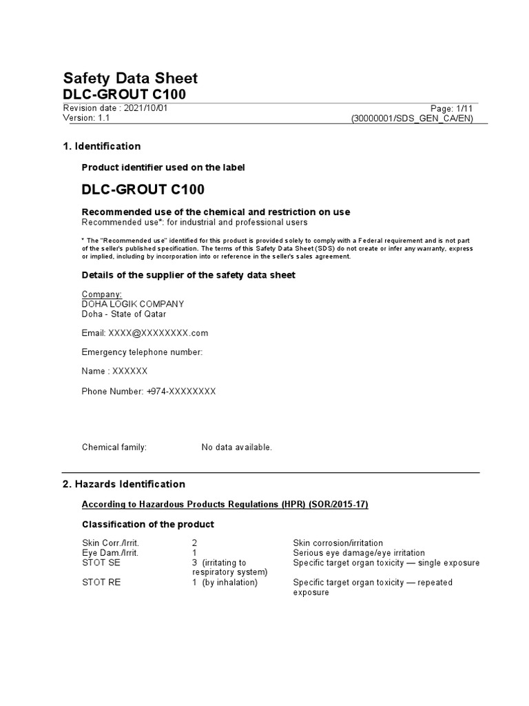 Safety Data Sheet: Dlc-Grout C100 | Download Free PDF | Toxicity ...